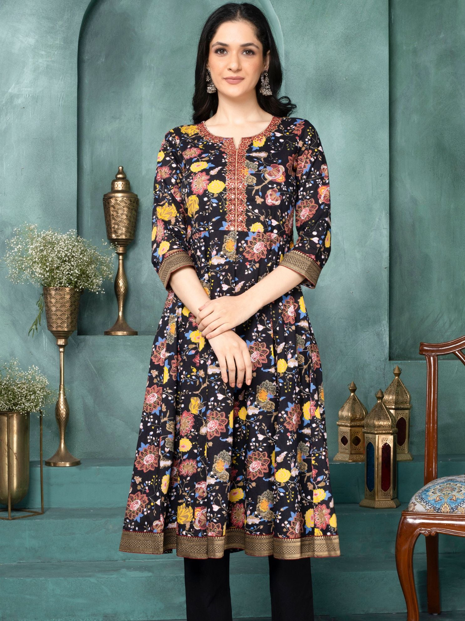 Black Regal Blossom Anarkali Kurta – Saffron Threads