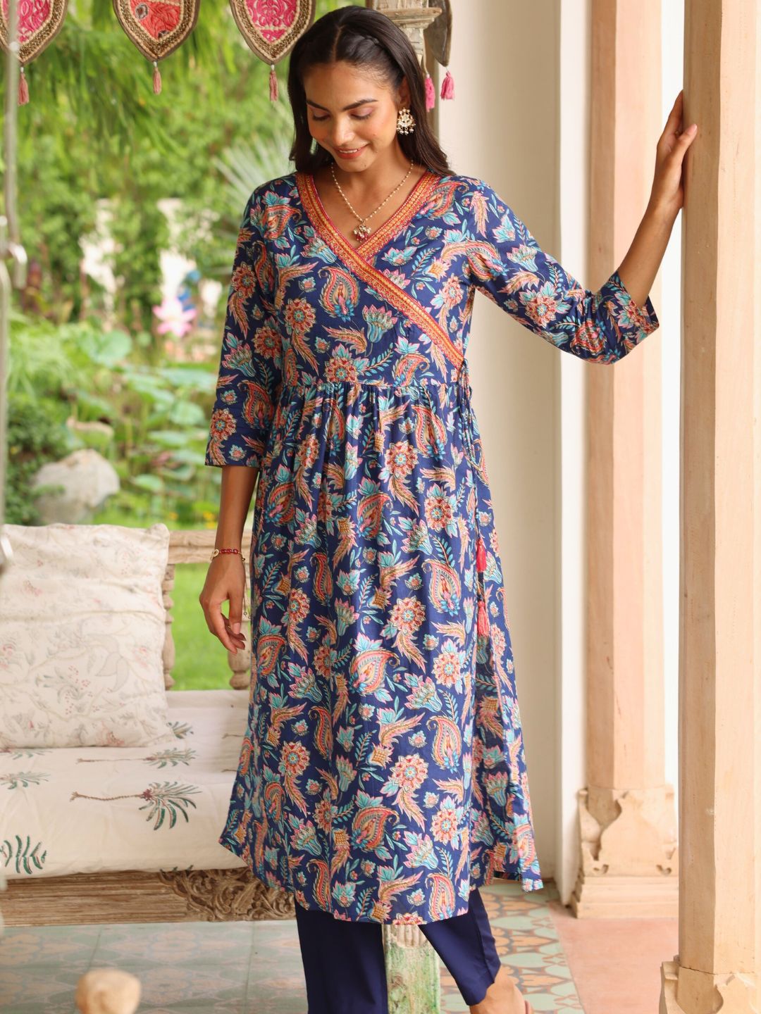 Navy Blue Paisley Print Angrakha Kurta with Mirror Embroidery and Gath ...