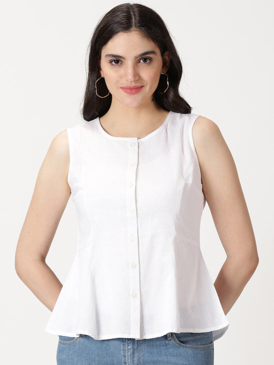 White Cotton Linen Button-Down A-Line Top – Saffron Threads